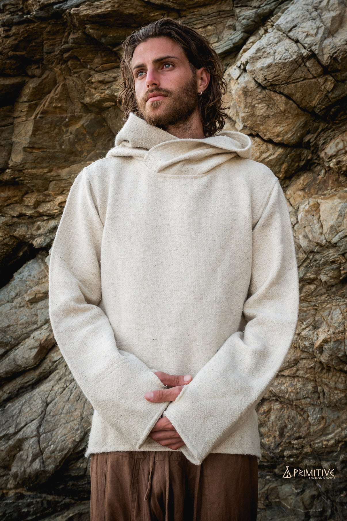 Nomad Pullover with Hoodie ⫸ Handwoven Hemp Wool – Primitive Tribal Craft